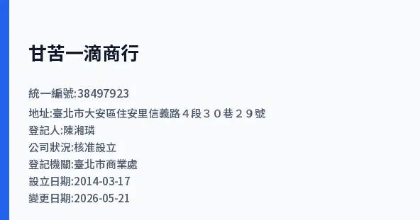 甘苦一滴商行的照片-統編 38497923(臺北市) 公司登記資料與營業項目詳細圖表