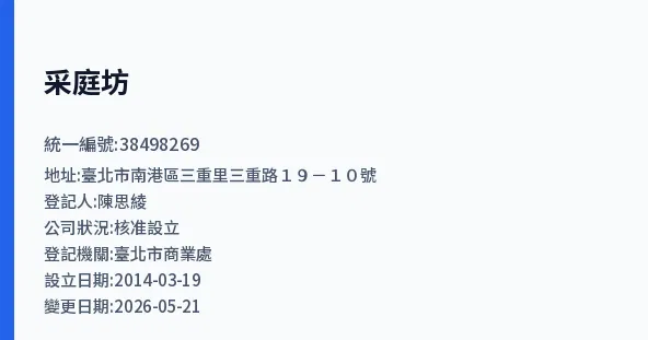 采庭坊的照片-統編 38498269(臺北市) 公司登記資料與營業項目詳細圖表