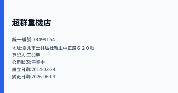 超群重機店的照片-統編 38499154(臺北市) 公司登記資料與營業項目詳細圖表