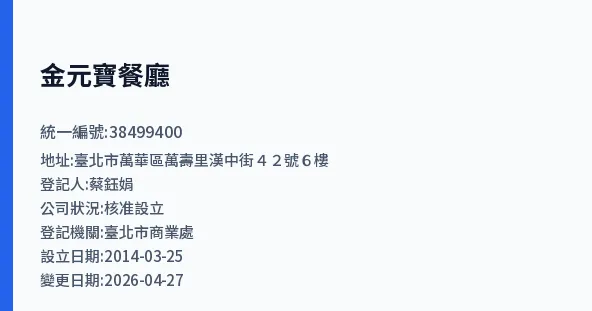 金元寶餐廳的照片-統編 38499400(臺北市) 公司登記資料與營業項目詳細圖表