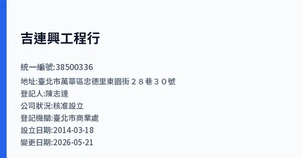 吉連興工程行的照片-統編 38500336(臺北市) 公司登記資料與營業項目詳細圖表