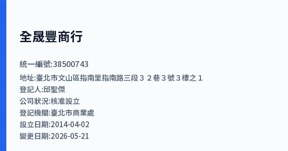 全晟豐商行的照片-統編 38500743(臺北市) 公司登記資料與營業項目詳細圖表