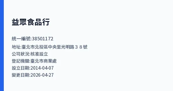 益眾食品行的照片-統編 38501172(臺北市) 公司登記資料與營業項目詳細圖表