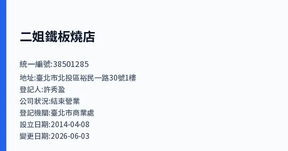 二姐鐵板燒店的照片-統編 38501285(臺北市) 公司登記資料與營業項目詳細圖表