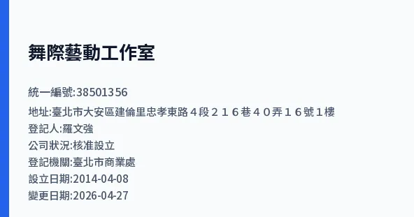 舞際藝動工作室的照片-統編 38501356(臺北市) 公司登記資料與營業項目詳細圖表