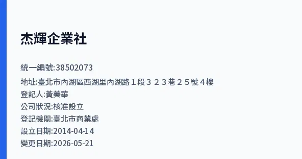杰輝企業社的照片-統編 38502073(臺北市) 公司登記資料與營業項目詳細圖表