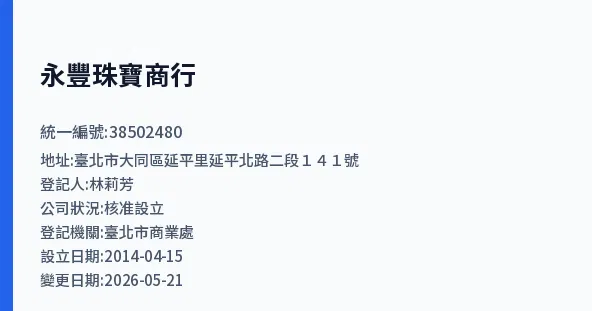 永豐珠寶商行的照片-統編 38502480(臺北市) 公司登記資料與營業項目詳細圖表
