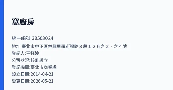 窩廚房的照片-統編 38503024(臺北市) 公司登記資料與營業項目詳細圖表