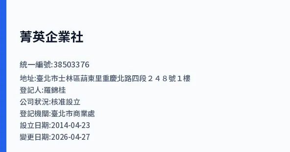 菁英企業社的照片-統編 38503376(臺北市) 公司登記資料與營業項目詳細圖表