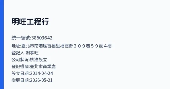 明旺工程行的照片-統編 38503642(臺北市) 公司登記資料與營業項目詳細圖表