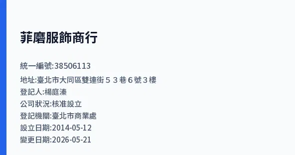 菲磨服飾商行的照片-統編 38506113(臺北市) 公司登記資料與營業項目詳細圖表