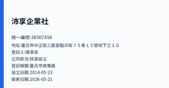 沛享企業社的照片-統編 38507458(臺北市) 公司登記資料與營業項目詳細圖表