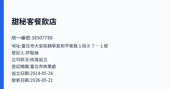 甜秘客餐飲店的照片-統編 38507788(臺北市) 公司登記資料與營業項目詳細圖表