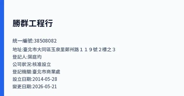 勝群工程行的照片-統編 38508082(臺北市) 公司登記資料與營業項目詳細圖表