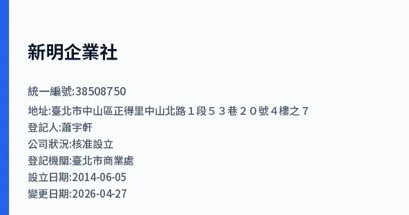 新明企業社的照片-統編 38508750(臺北市) 公司登記資料與營業項目詳細圖表