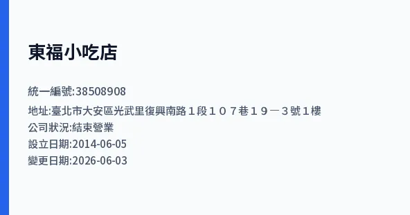 東福小吃店的照片-統編 38508908(臺北市) 公司登記資料與營業項目詳細圖表