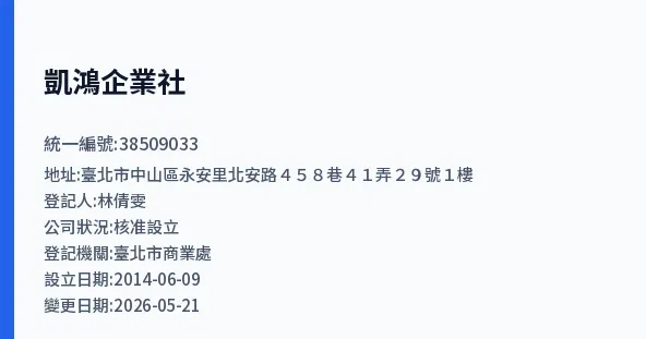 凱鴻企業社的照片-統編 38509033(臺北市) 公司登記資料與營業項目詳細圖表