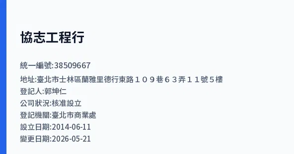 協志工程行的照片-統編 38509667(臺北市) 公司登記資料與營業項目詳細圖表