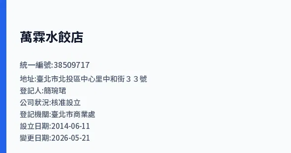 萬霖水餃店的照片-統編 38509717(臺北市) 公司登記資料與營業項目詳細圖表
