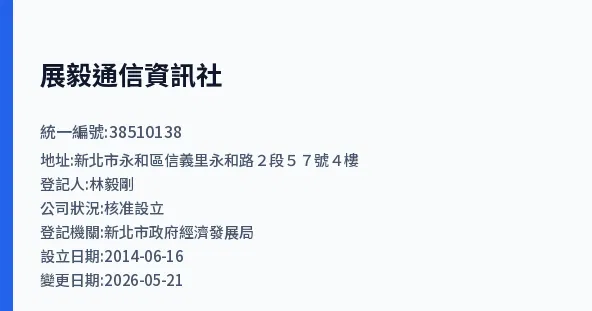 展毅通信資訊社的照片-統編 38510138(新北市) 公司登記資料與營業項目詳細圖表