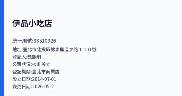 伊品小吃店的照片-統編 38510926(臺北市) 公司登記資料與營業項目詳細圖表