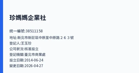 珍媽媽企業社的照片-統編 38511158(新北市) 公司登記資料與營業項目詳細圖表