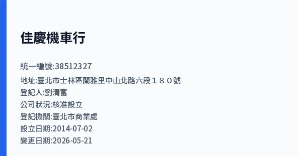 佳慶機車行的照片-統編 38512327(臺北市) 公司登記資料與營業項目詳細圖表
