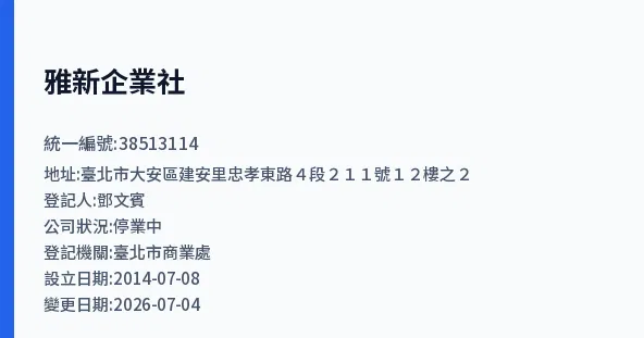 雅新企業社的照片-統編 38513114(臺北市) 公司登記資料與營業項目詳細圖表