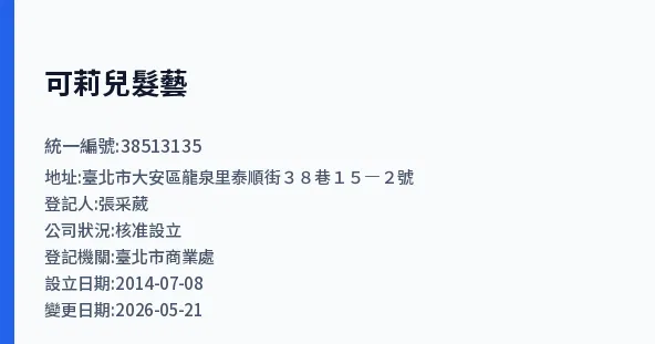 可莉兒髮藝的照片-統編 38513135(臺北市) 公司登記資料與營業項目詳細圖表