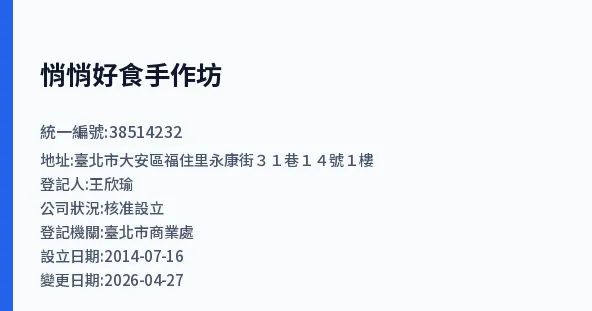 悄悄好食手作坊的照片-統編 38514232(臺北市) 公司登記資料與營業項目詳細圖表