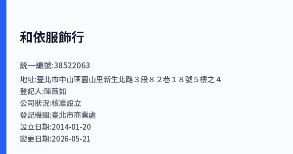 和依服飾行的照片-統編 38522063(臺北市) 公司登記資料與營業項目詳細圖表