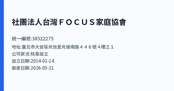 社團法人台灣FOCUS家庭協會的照片-統編 38522275(臺北市) 公司登記資料與營業項目詳細圖表