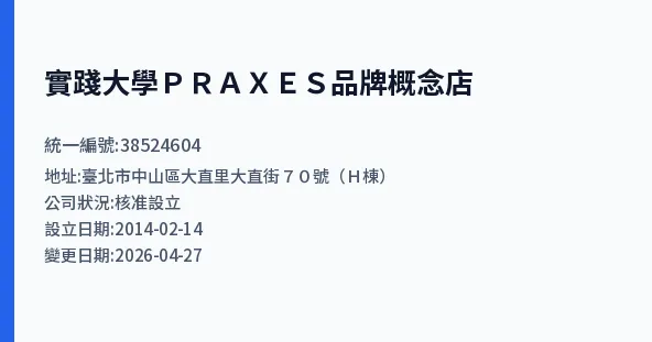 實踐大學PRAXES 品牌概念店的照片-統編 38524604(臺北市) 公司登記資料與營業項目詳細圖表