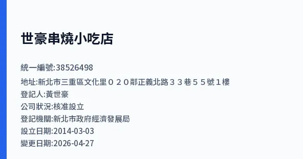 世豪串燒小吃店的照片-統編 38526498(新北市) 公司登記資料與營業項目詳細圖表