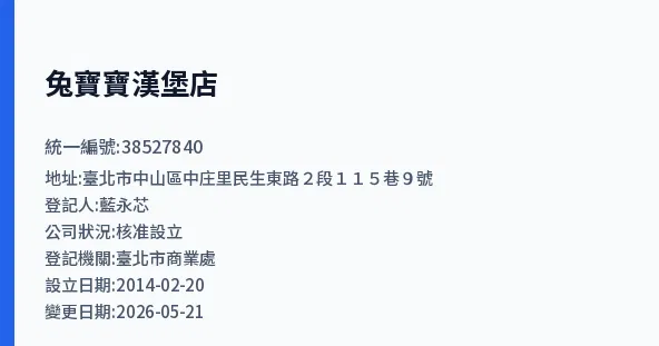 兔寶寶漢堡店的照片-統編 38527840(臺北市) 公司登記資料與營業項目詳細圖表
