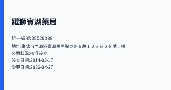 躍獅寶湖藥局的照片-統編 38528398(臺北市) 公司登記資料與營業項目詳細圖表
