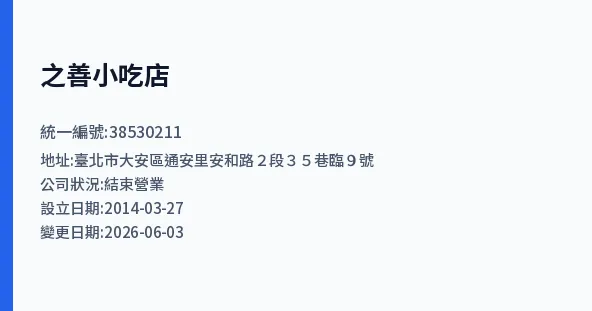 之善小吃店的照片-統編 38530211(臺北市) 公司登記資料與營業項目詳細圖表