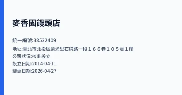麥香園饅頭店的照片-統編 38532409(臺北市) 公司登記資料與營業項目詳細圖表