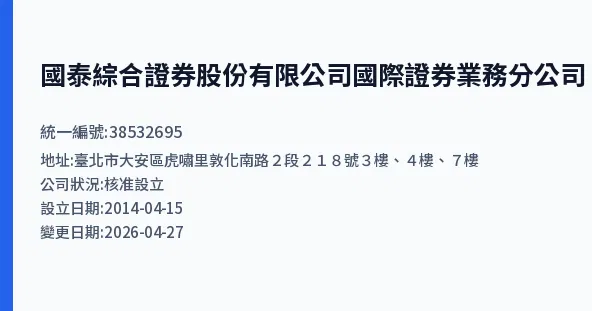 國泰綜合證券股份有限公司國際證券業務分公司的照片-統編 38532695(臺北市) 公司登記資料與營業項目詳細圖表