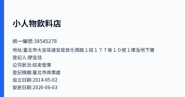 小人物飲料店的照片-統編 38545278(臺北市) 公司登記資料與營業項目詳細圖表
