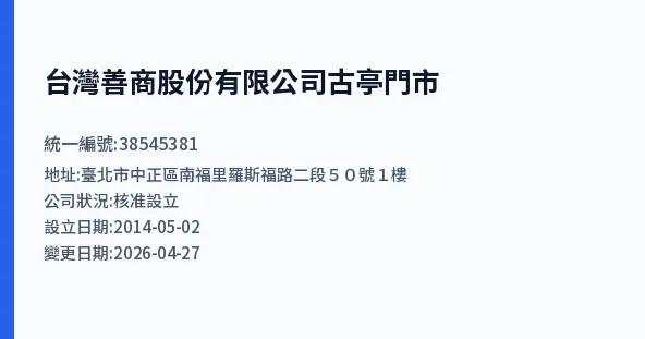 台灣善商股份有限公司古亭門市的照片-統編 38545381(臺北市) 公司登記資料與營業項目詳細圖表