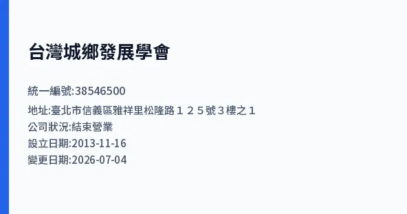 台灣城鄉發展學會的照片-統編 38546500(臺北市) 公司登記資料與營業項目詳細圖表