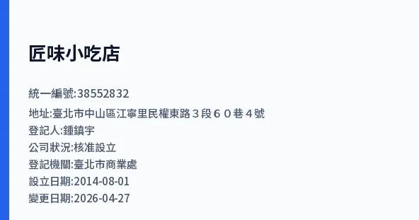 匠味小吃店的照片-統編 38552832(臺北市) 公司登記資料與營業項目詳細圖表
