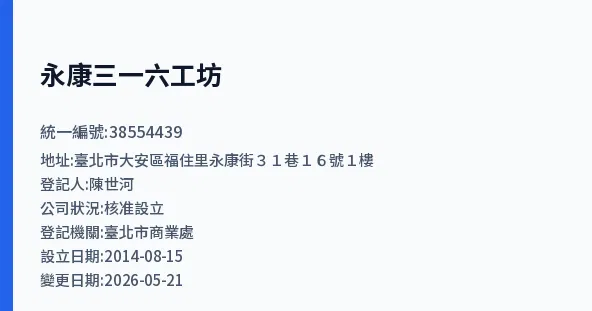 永康三一六工坊的照片-統編 38554439(臺北市) 公司登記資料與營業項目詳細圖表