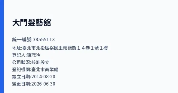 大門髮藝舘的照片-統編 38555113(臺北市) 公司登記資料與營業項目詳細圖表