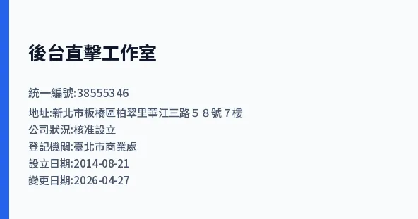 後台直擊工作室的照片-統編 38555346(新北市) 公司登記資料與營業項目詳細圖表