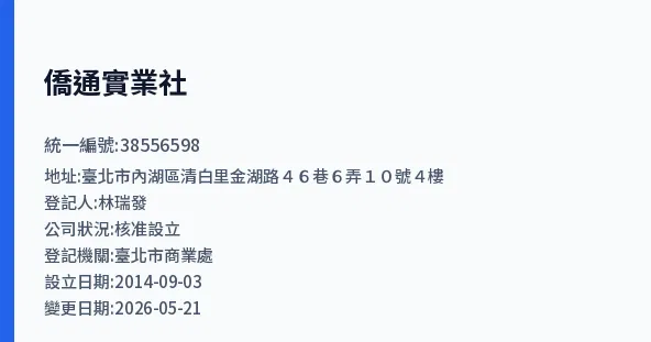 僑通實業社的照片-統編 38556598(臺北市) 公司登記資料與營業項目詳細圖表