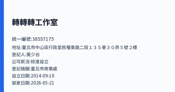 轉轉轉工作室的照片-統編 38557175(臺北市) 公司登記資料與營業項目詳細圖表