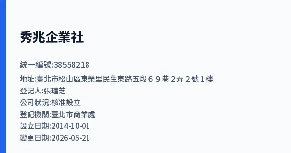 秀兆企業社的照片-統編 38558218(臺北市) 公司登記資料與營業項目詳細圖表