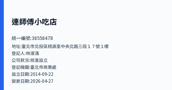 連師傅小吃店的照片-統編 38558478(臺北市) 公司登記資料與營業項目詳細圖表
